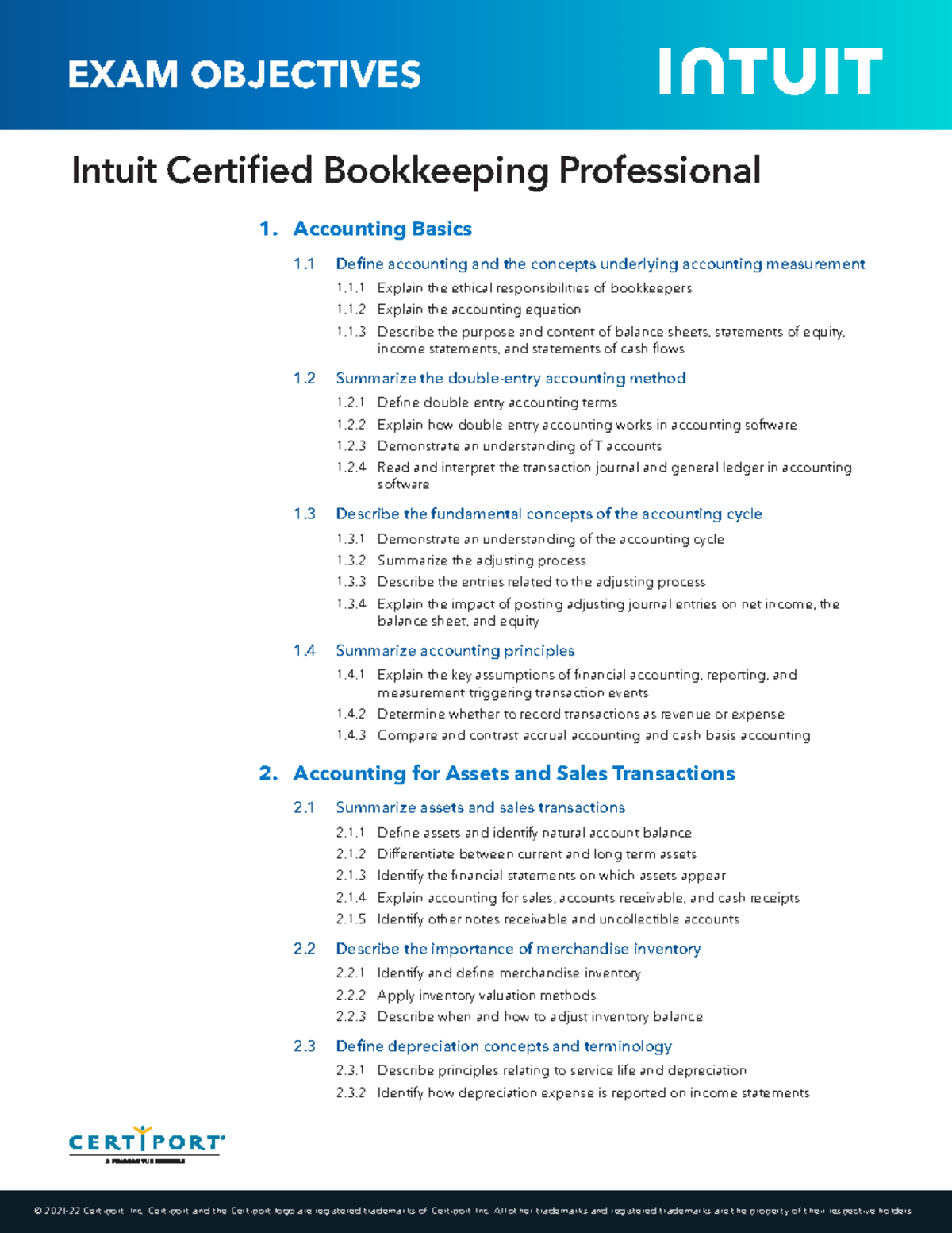 Intuit Bookkeeper OD 0123 - © 2021-22 Certiport, Inc. Certiport and the ...