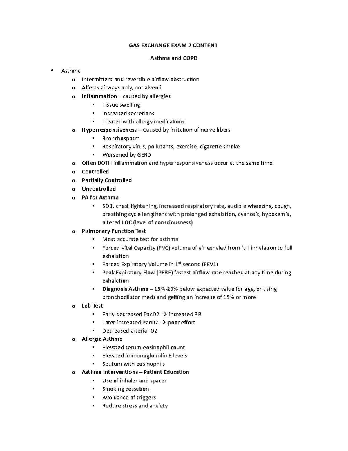 Asthma and COPD Worksheet - GAS EXCHANGE EXAM 2 CONTENT Asthma and COPD ...