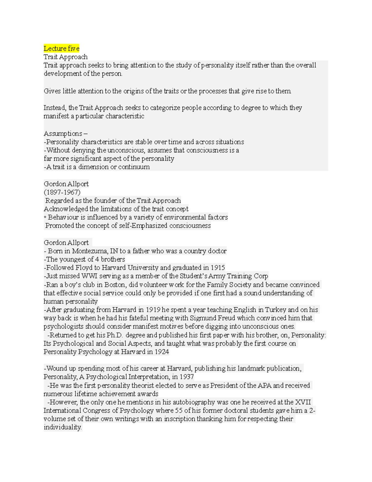 Lecture Five Notes Note For The Test Lecture Five Trait Approach
