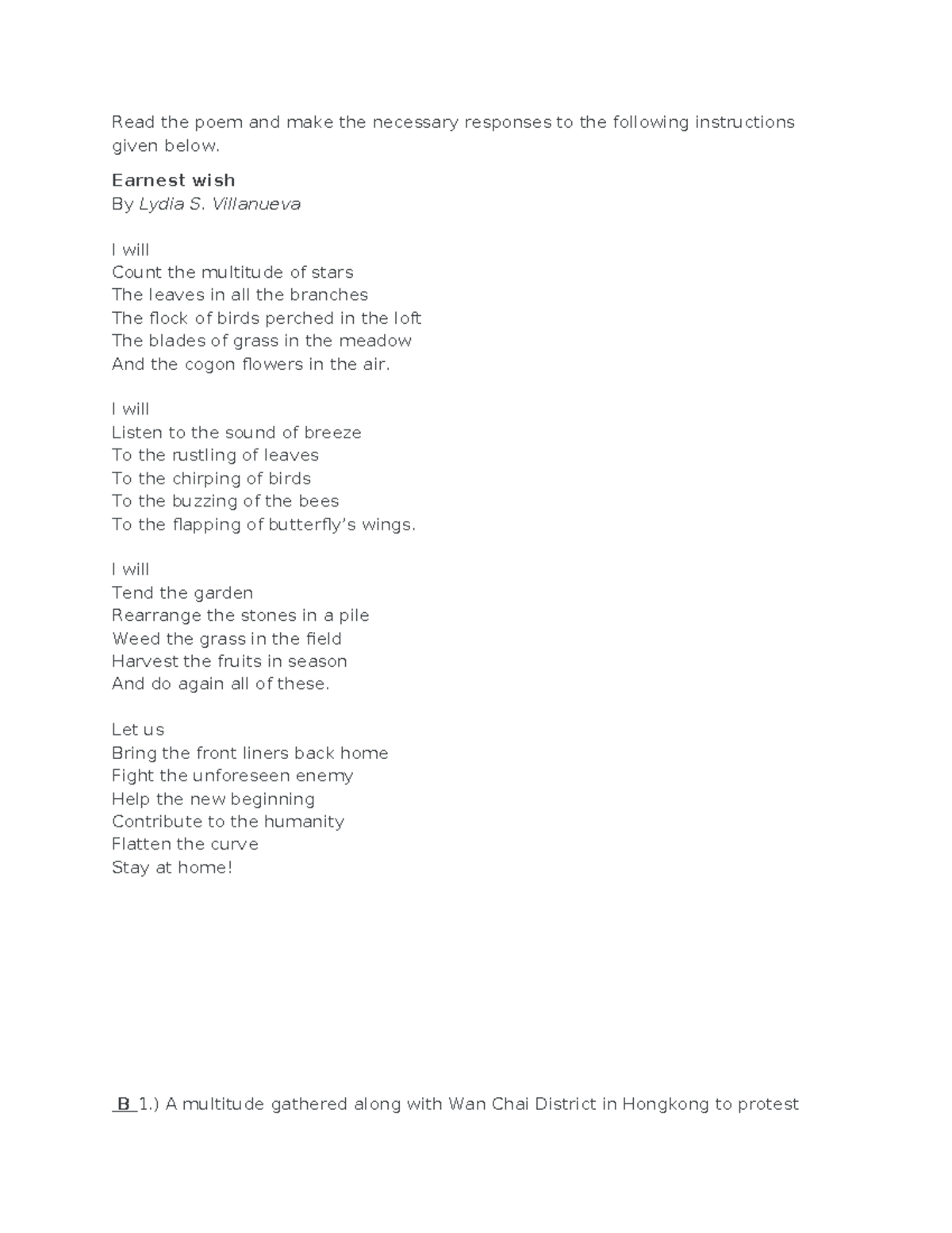 Earnest wish by Lydia S. Villanueva - Read the poem and make the ...