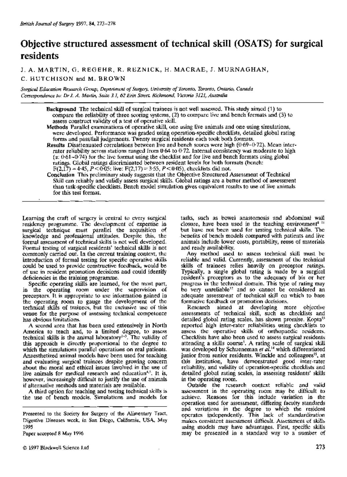 Objective structured assessment of technical skill ( Osats) for ...