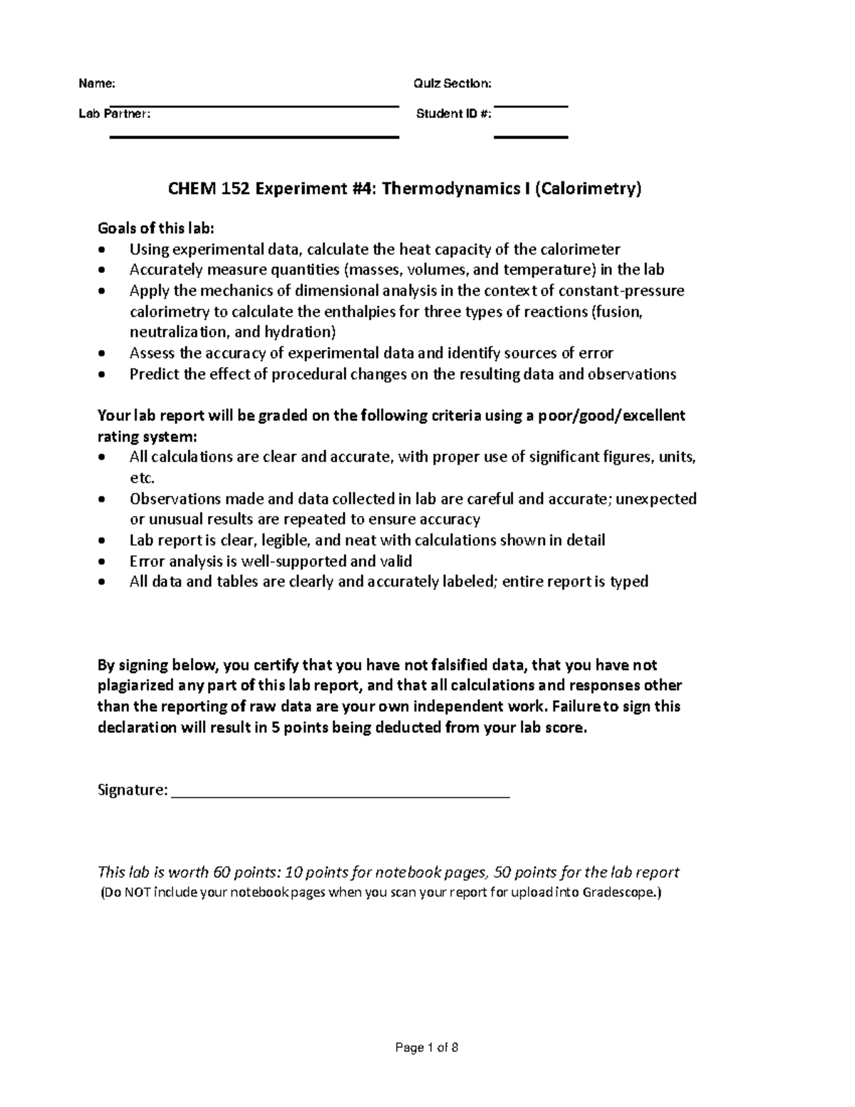 Chem152 Thermo 1 Report Gradescope 051121 - Lab Partner: Student ID ...