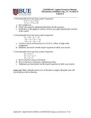 22MECH80I-Tut 2 - numerical - TUTORIAL#2: APPLIED NUMERICAL METHODS 22MECH80i APPLIED NUMERICAL ...