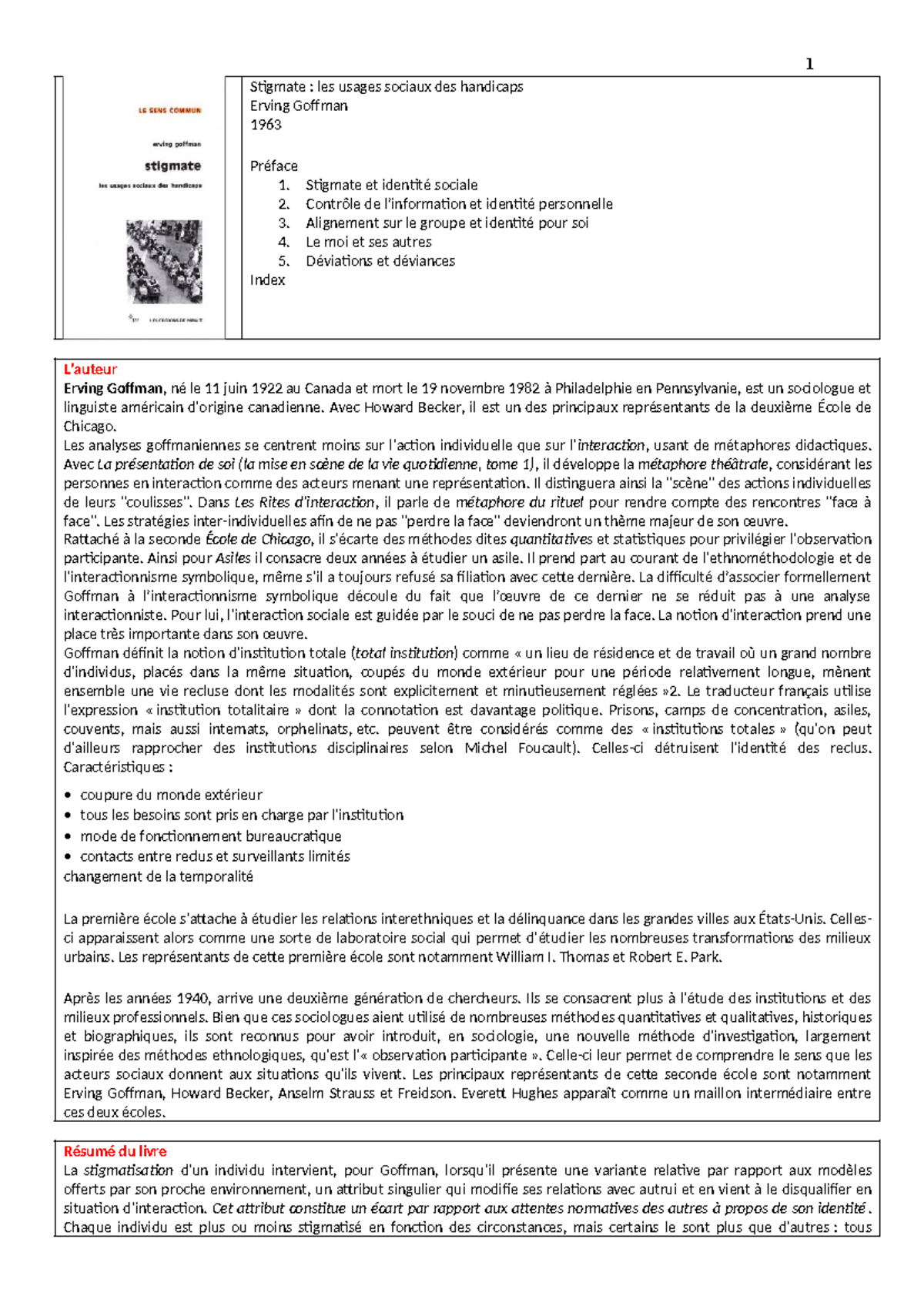 Stigmate Goffman - Stigmate : les usages sociaux des handicaps Erving ...