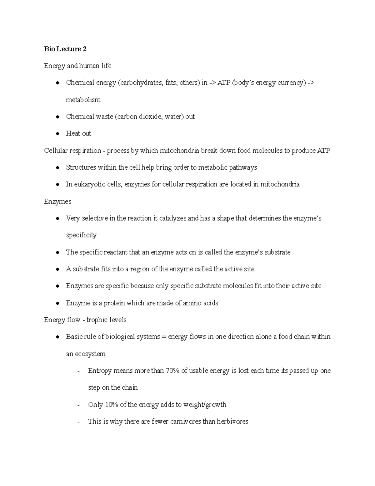Biology Energy and Human Life Lecture Notes - Bio Lecture 2 Energy and ...