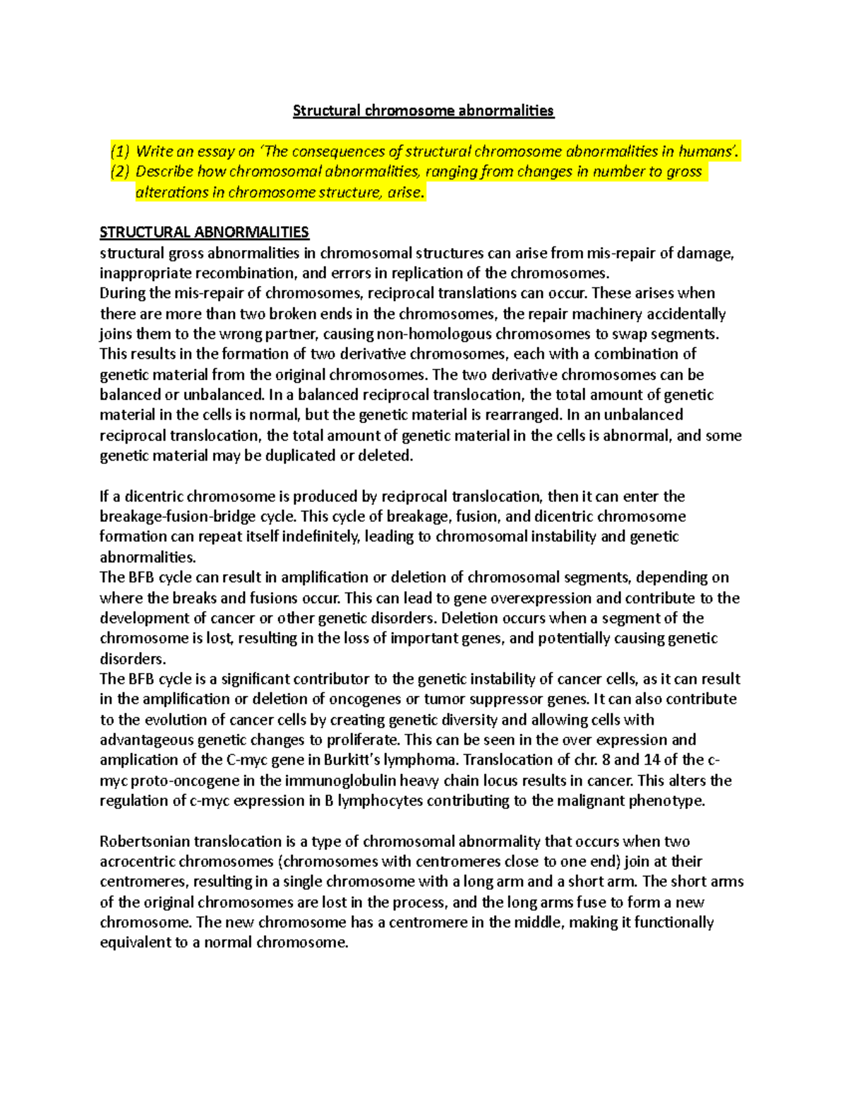 Structural Chromosome Abnormalities 2 Describe How Chromosomal Abnormalities Ranging From