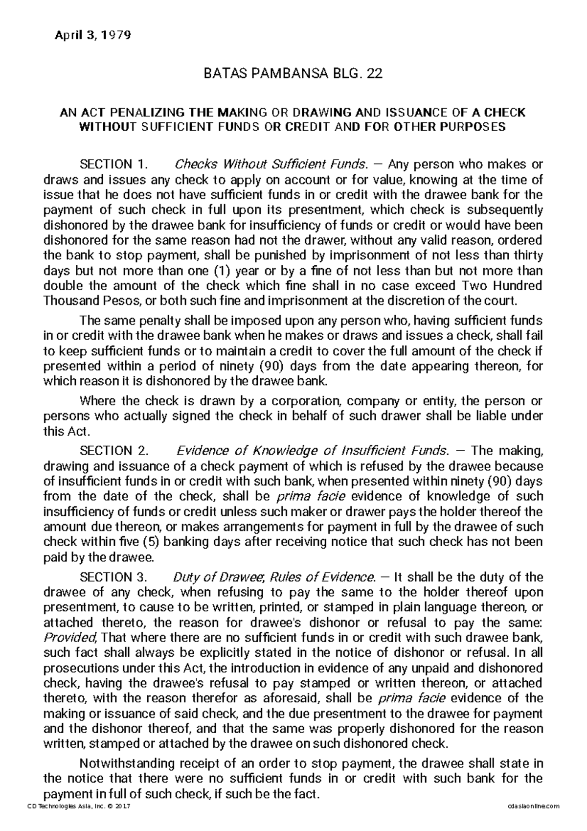 BP-Blg - BP 22 notes - April 3, 1979April 3, 1979 BATAS PAMBANSA BLG ...