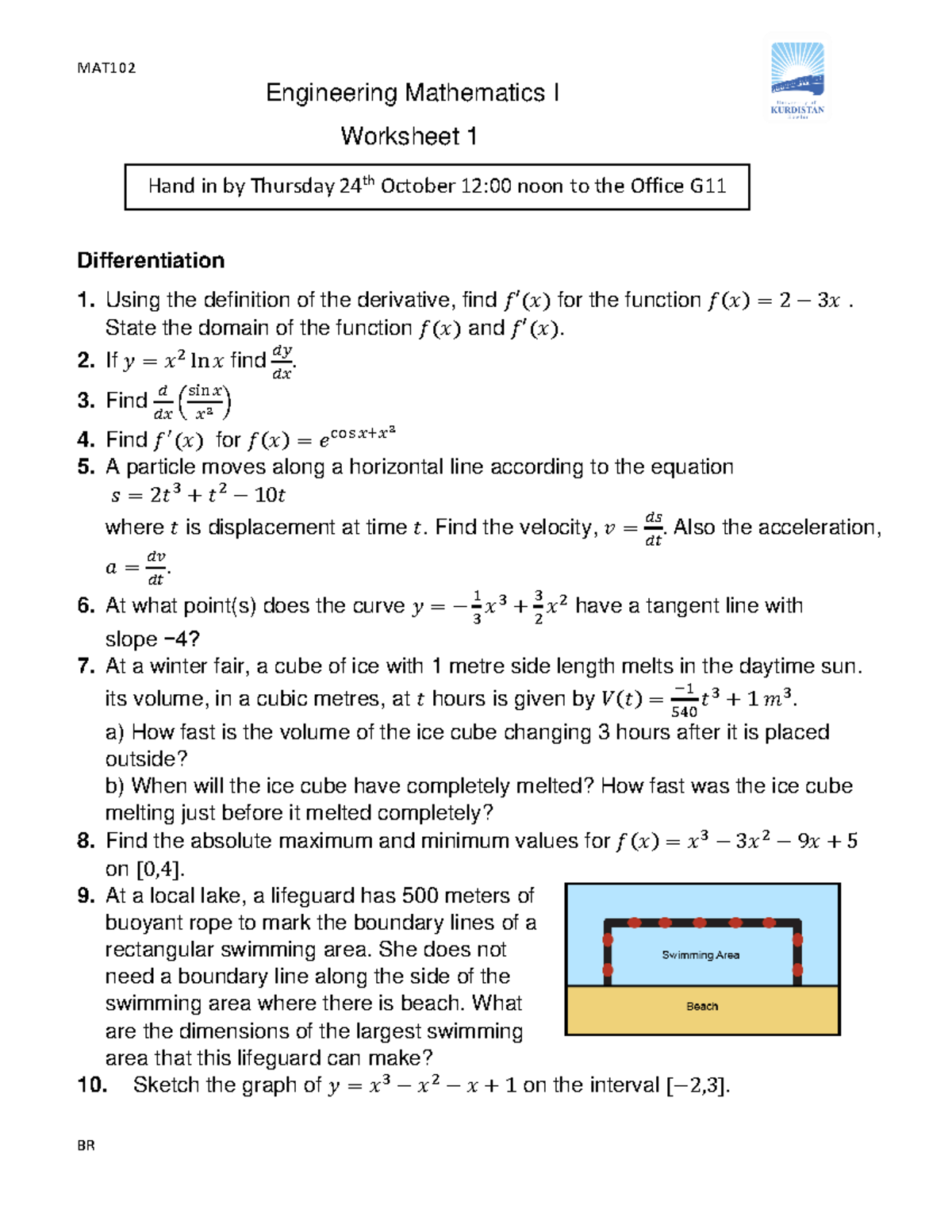 Engineering Mathematics One Worksheet without solution - Studocu