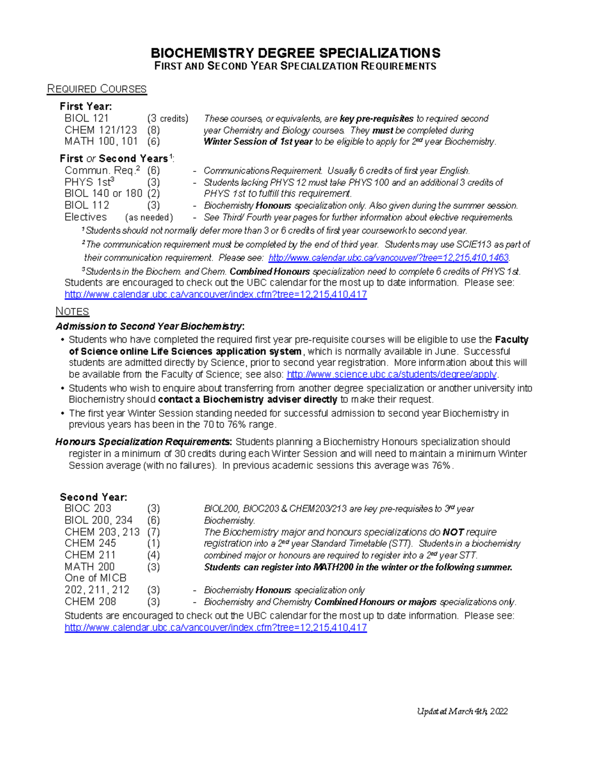Bioc requirements 2022 - Updated March 4th, 2022 BIOCHEMISTRY DEGREE ...