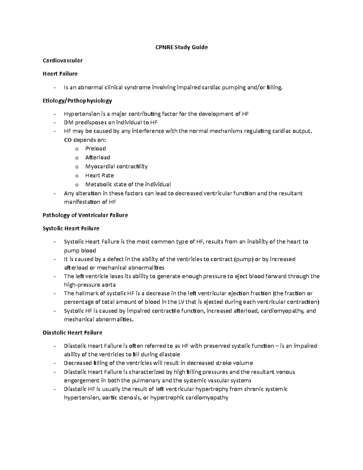 Cpnre Study Guide Final - CPNRE Study Guide Cardiovascular Heart ...
