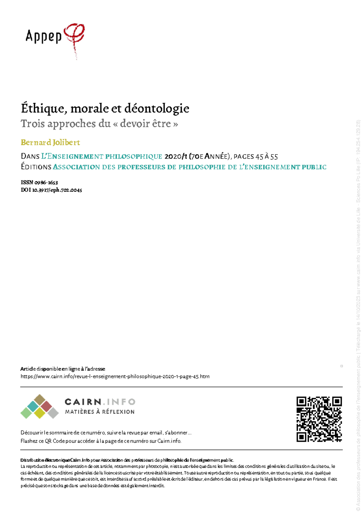 Texte 1. Ethique, morale et deontologie - Éthique, morale et ...