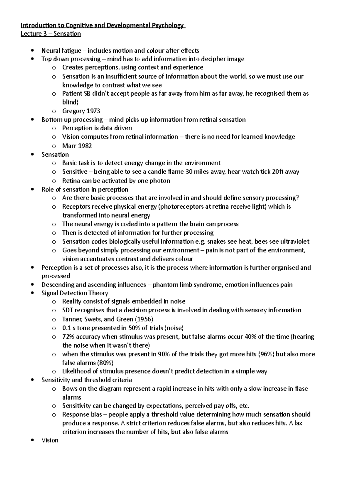 L3 - Sensation - Lecture notes 3 - Introduction to Cognitive and ...