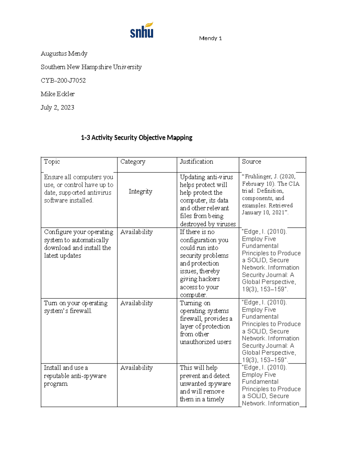 1-3 Activity Security Objective Mapping - Mendy 1 Augustus Mendy Southern New Hampshire ...