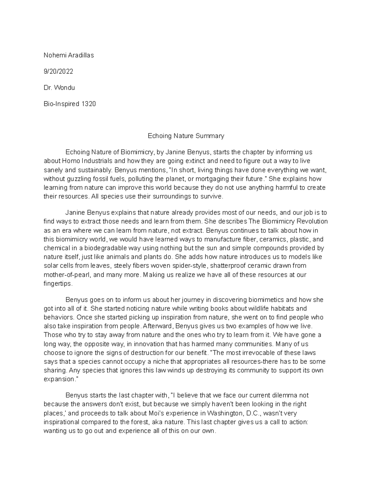 Echoing Nature - Nohemi Aradillas 9/20/ Dr. Wondu Bio-Inspired 1320 ...