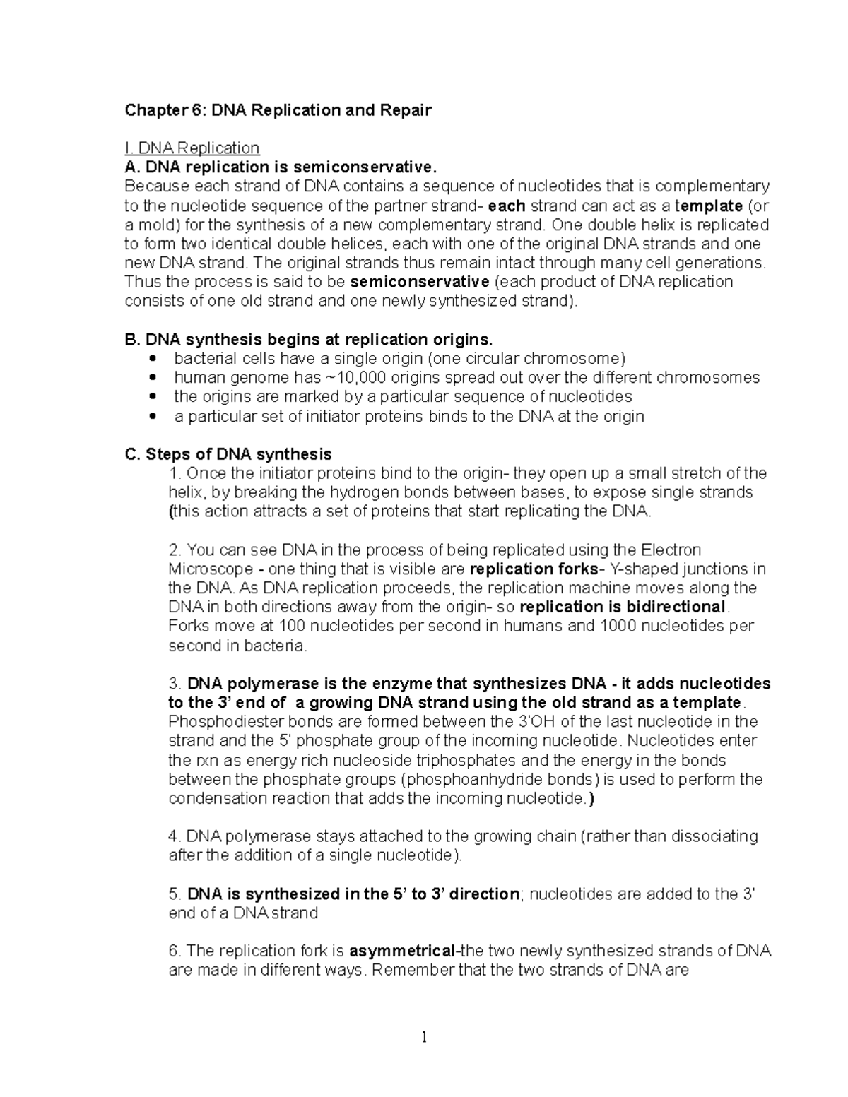 Chp 6 notes - Deanna Smith, DNA Replication and Repair - Chapter 6: DNA ...