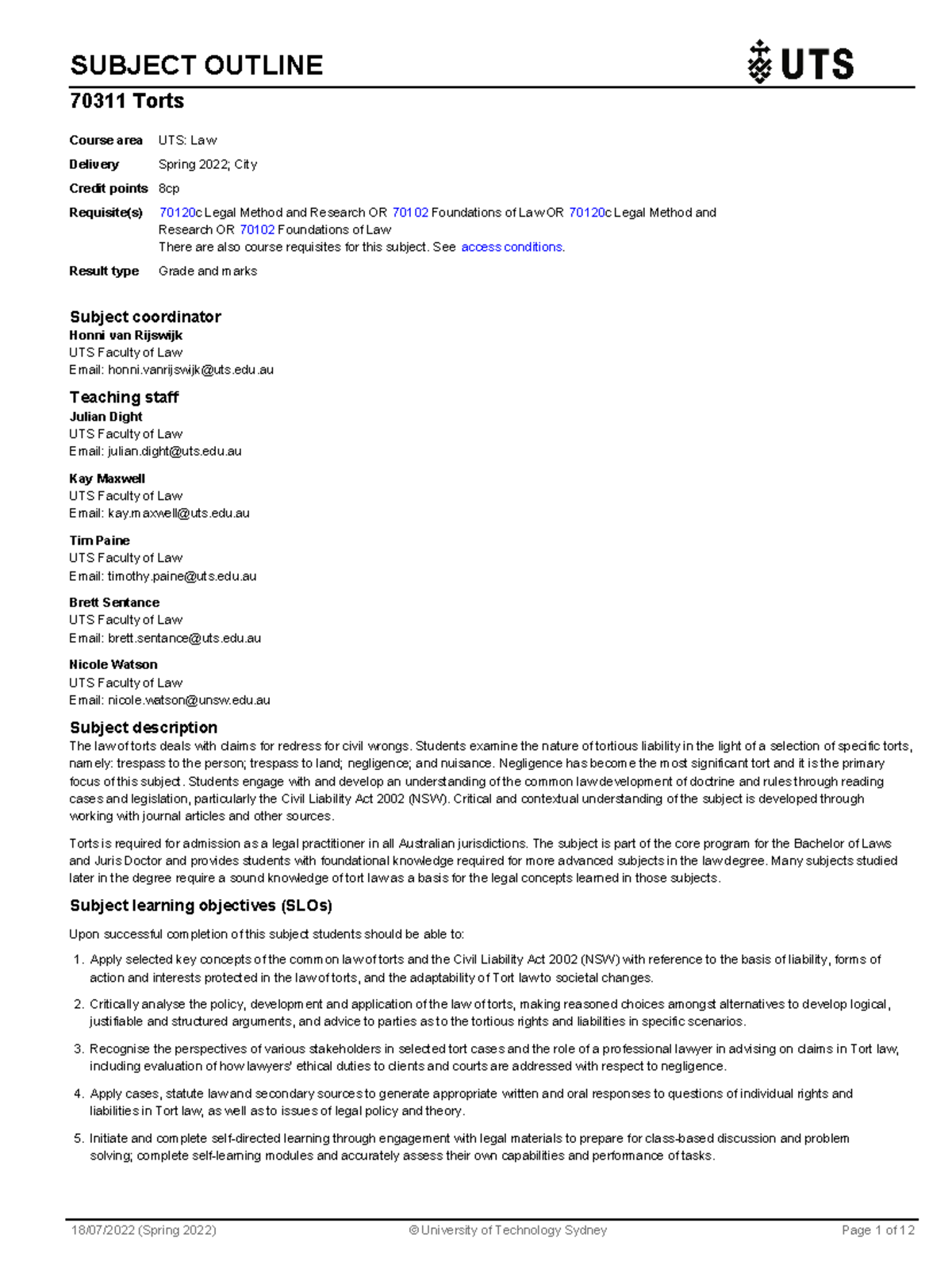 PDFs tort subject outline - SUBJECT OUTLINE 70311 Torts Subject ...