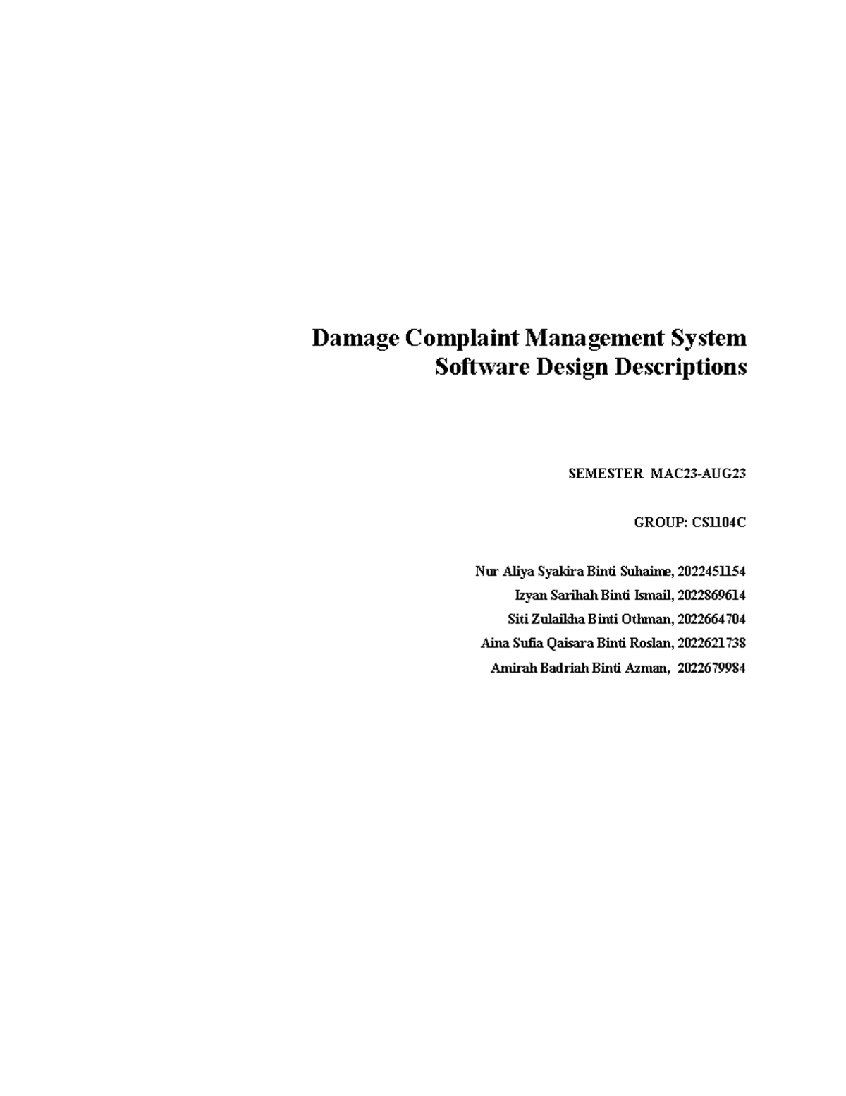 SDD-Damage Complaint Management System-4C - Damage Complaint Management System Software Design ...