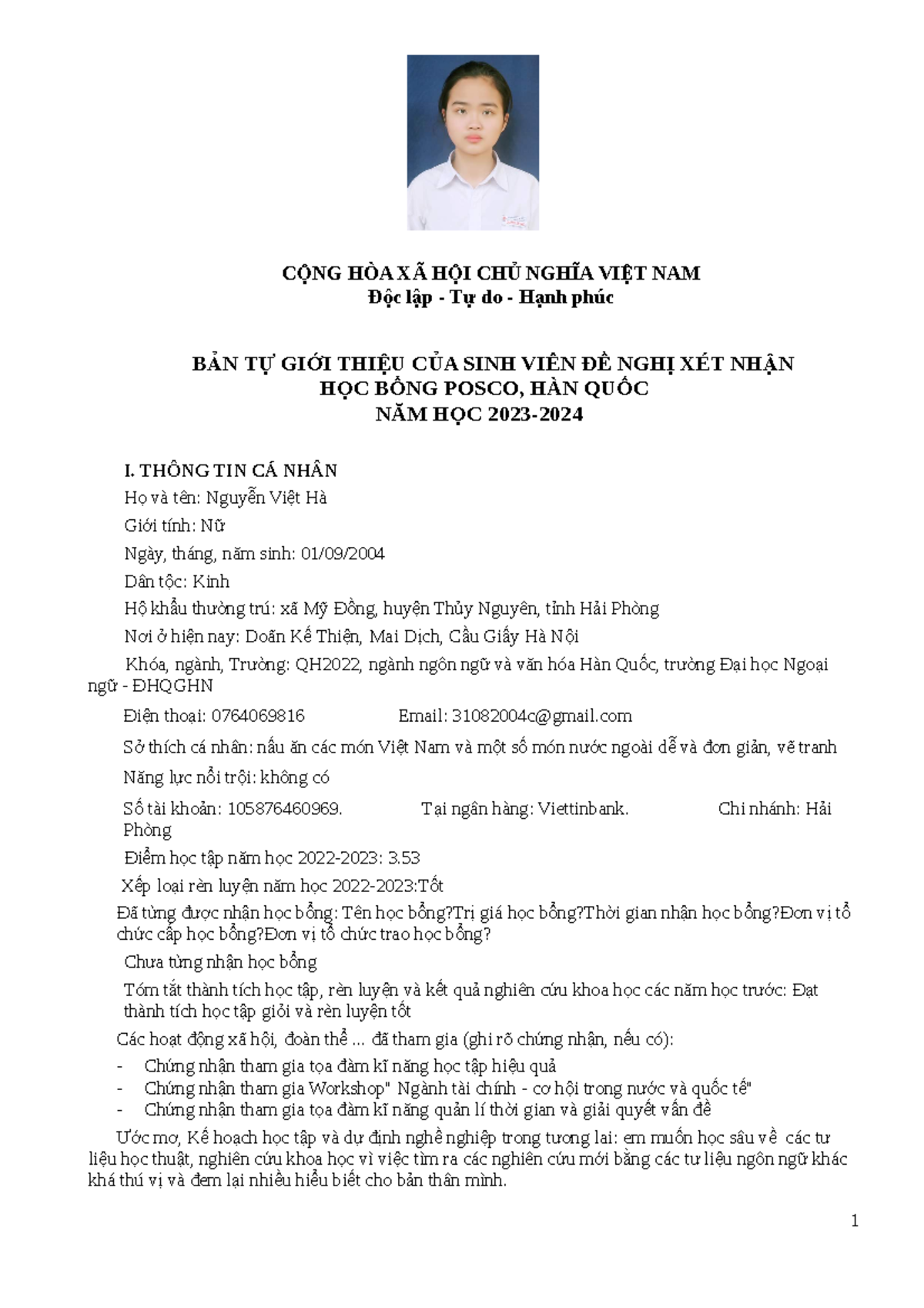 Mau-TV Gioi-thieu-ve-SV-nhan-HB - C ỘNG HÒA XÃ H ỘI CH Ủ NGHĨA VI ỆT NAM Đ c l p - Tộ ậ ự do - H ...