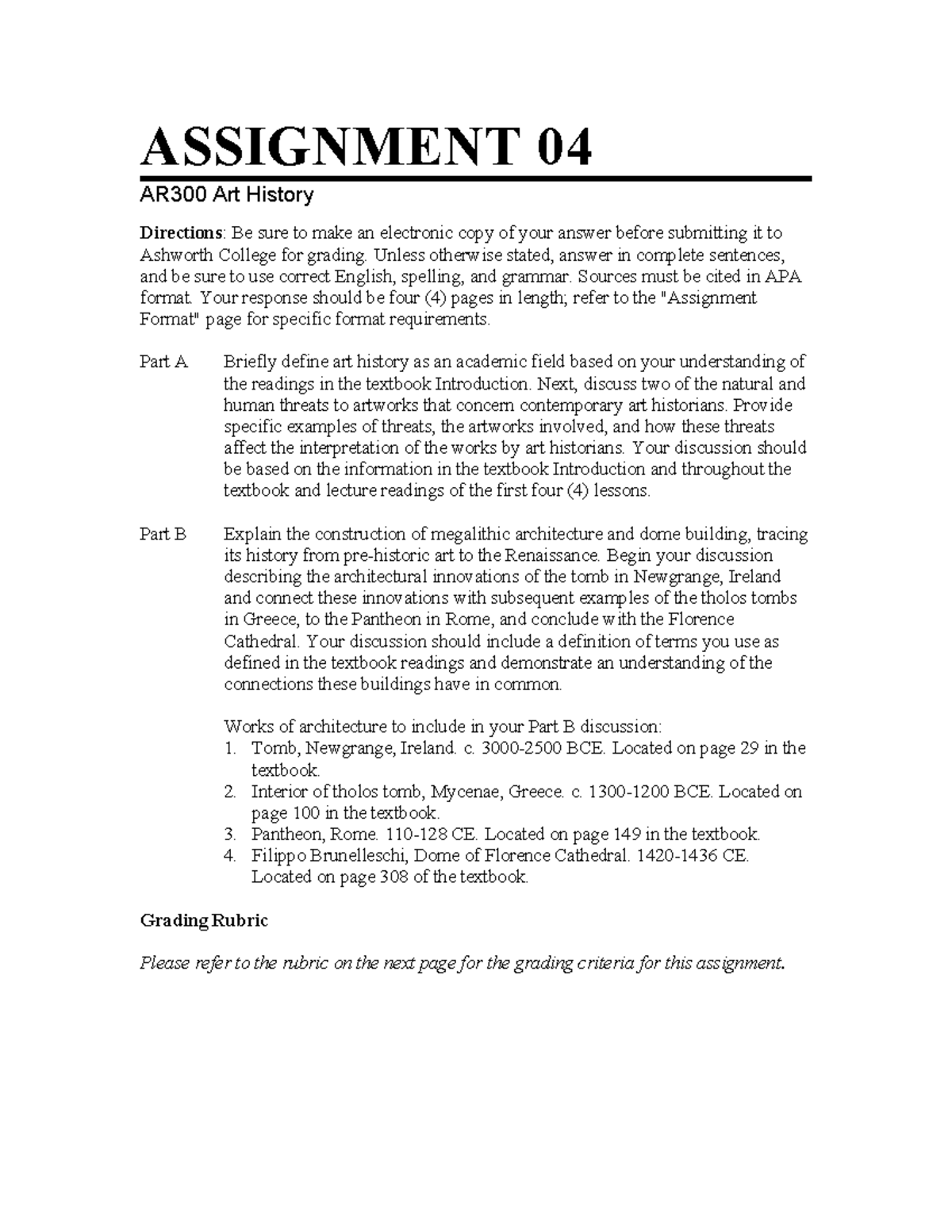 AR300 Assignment 4 - ASSIGNMENT 04 AR300 Art History Directions: Be ...