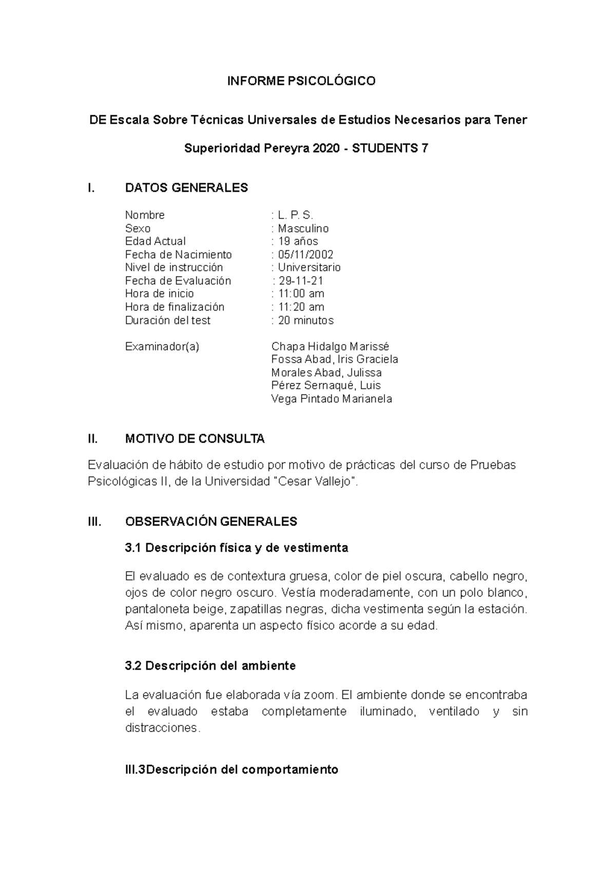 Informe Psicológico Students 7 - INFORME PSICOLÓGICO DE Escala Sobre ...