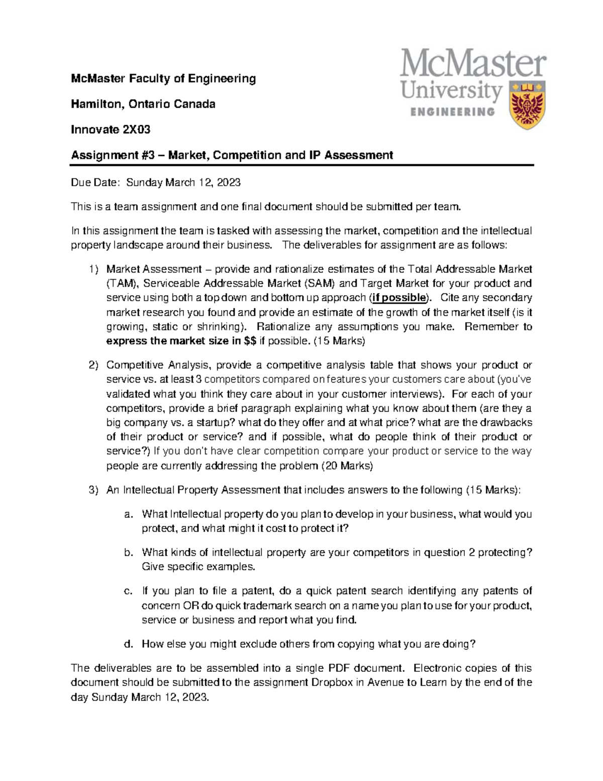 2X03 Assignement 3 2023 - McMaster Faculty of Engineering Hamilton ...