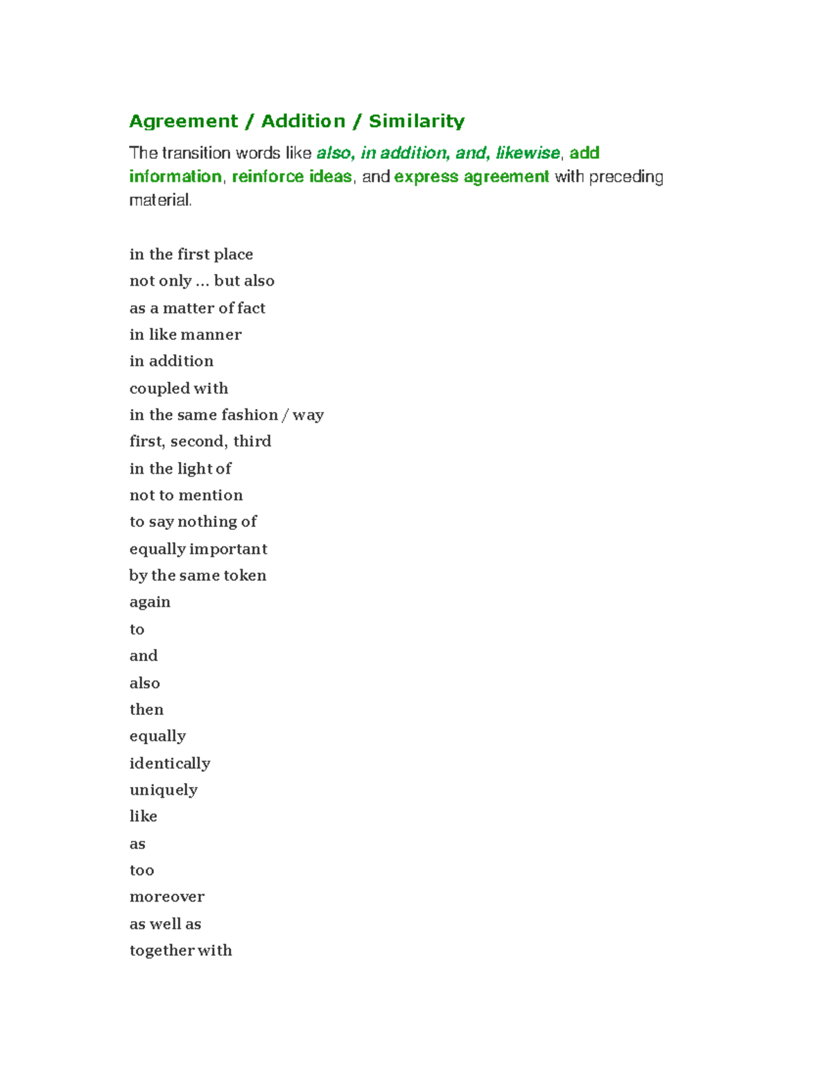 Linking Words for IGCSE ENGLISH - Agreement / Addition / Similarity The ...