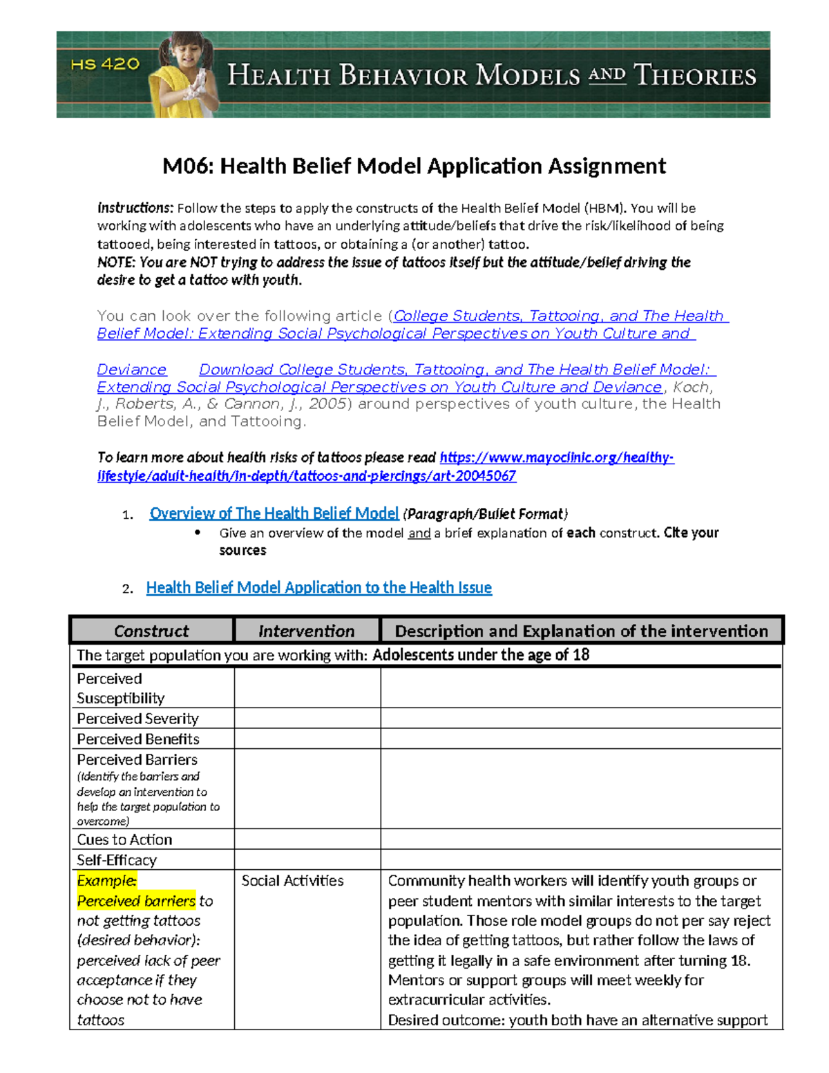 M06 Application Assignment - M06: Health Belief Model Application ...
