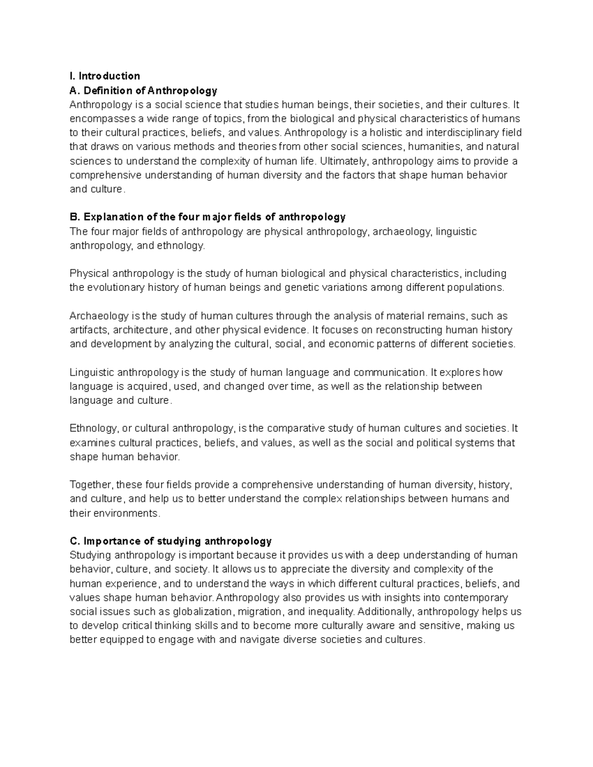 Introduction to Anthropology: Definition Fields and Importance - Studocu