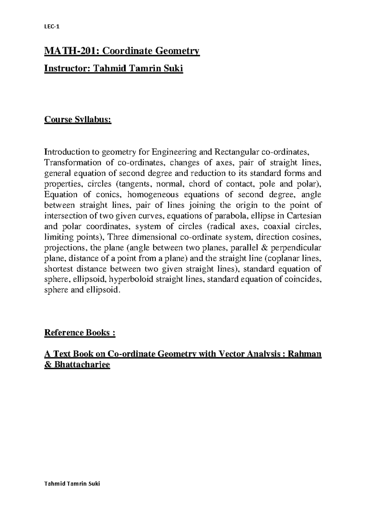 Lec-1 - wfwf - MATH-201: Coordinate Geometry Instructor: Tahmid Tamrin Suki Course Syllabus ...