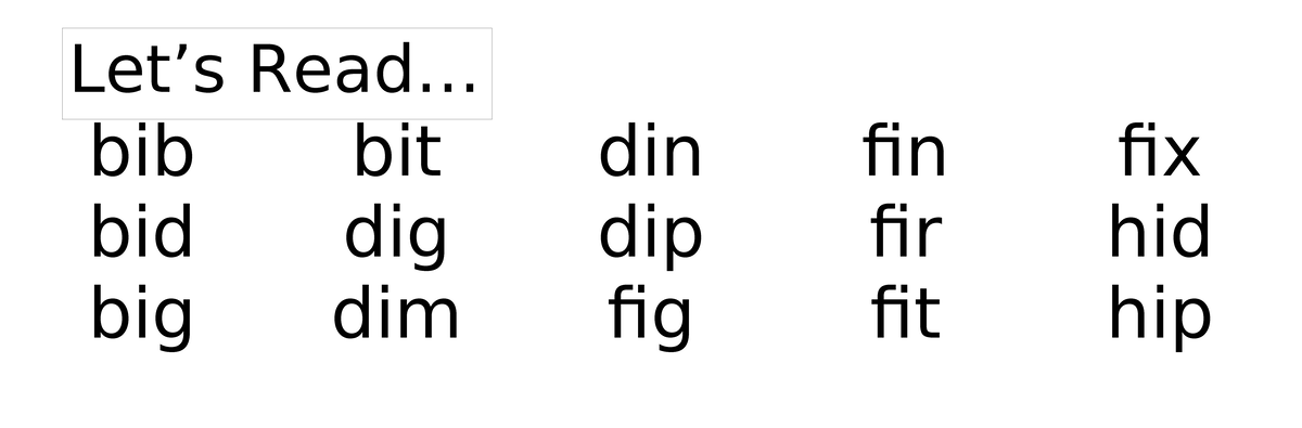 Lets read2 - BS in Arts - bib bid big bin bit dig dim din dip fig fin ...