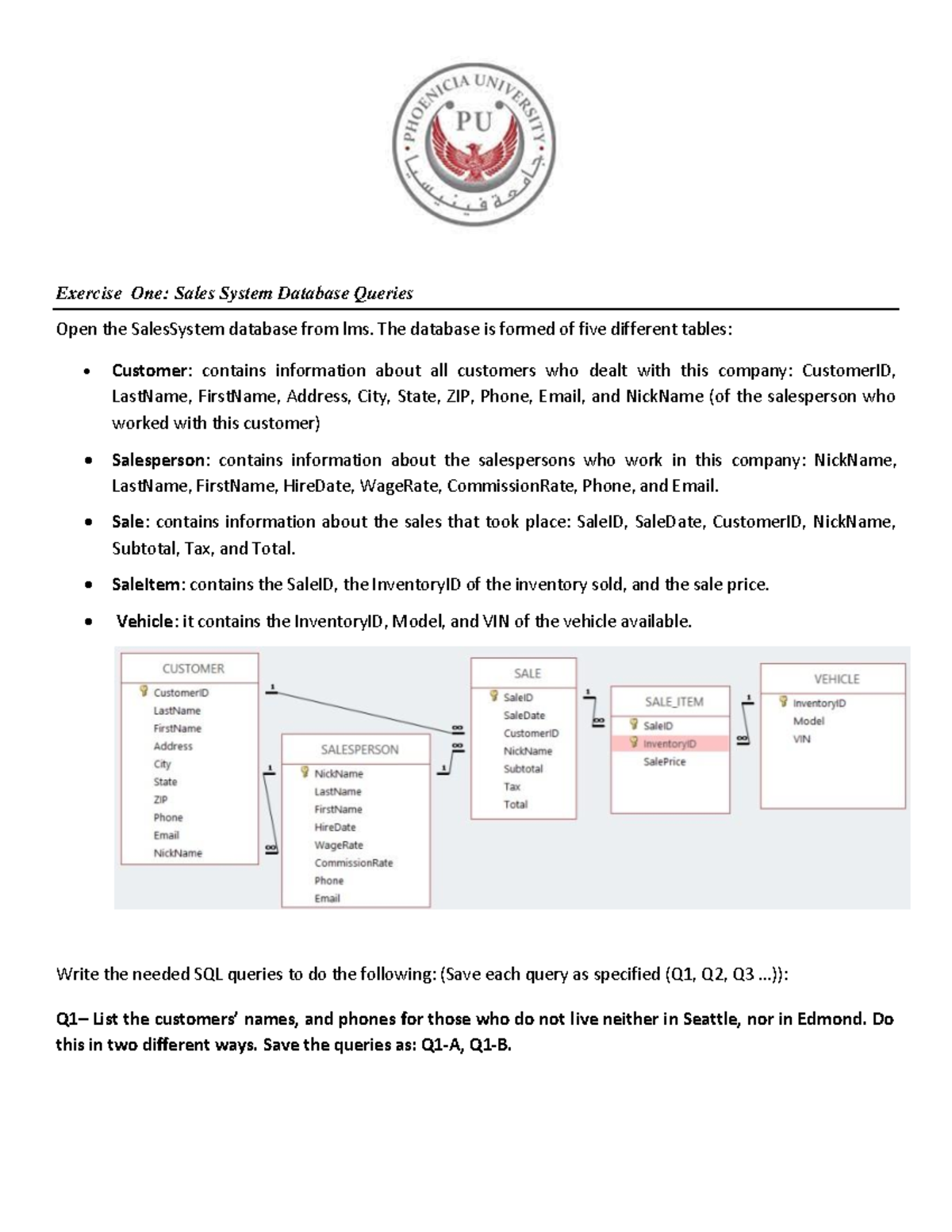 Instructions - non - Exercise One: Sales System Database Queries Open ...