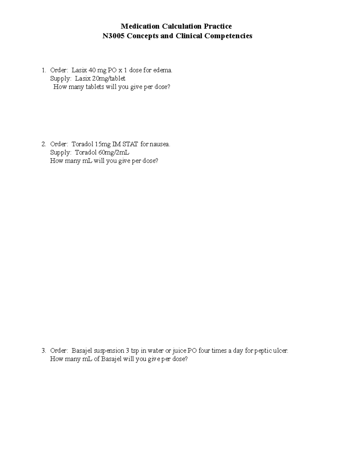 Medication Calculation Practice Student - Medication Calculation Practice N3005 Concepts and ...