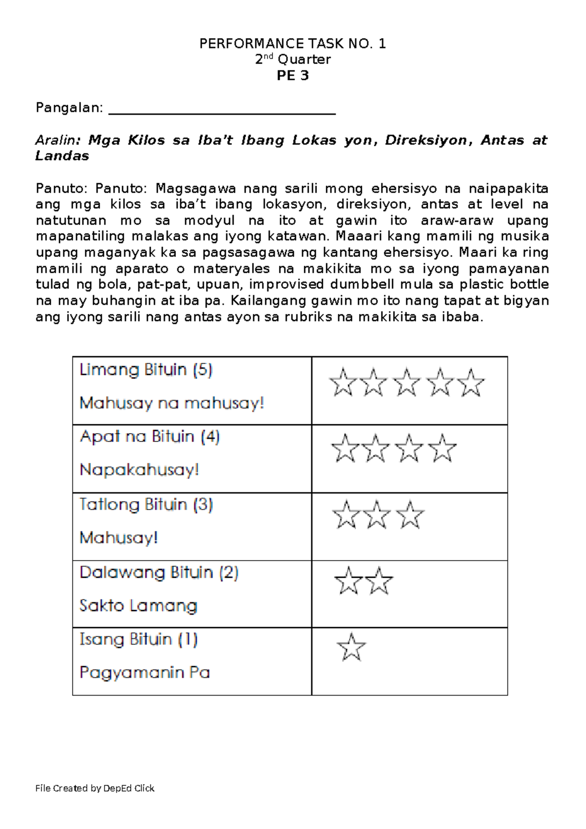PE3 Ptask 1 Q2 - PERFORMANCE TASK NO. 1 2 nd Quarter PE 3 Pangalan: - Studocu