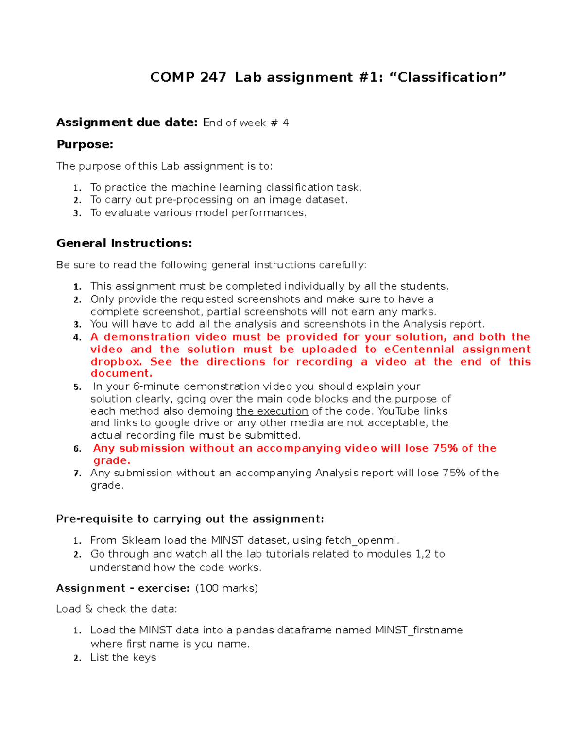 Lab assignment classification - COMP 247 Lab assignment #1: “Classification” Assignment due date ...