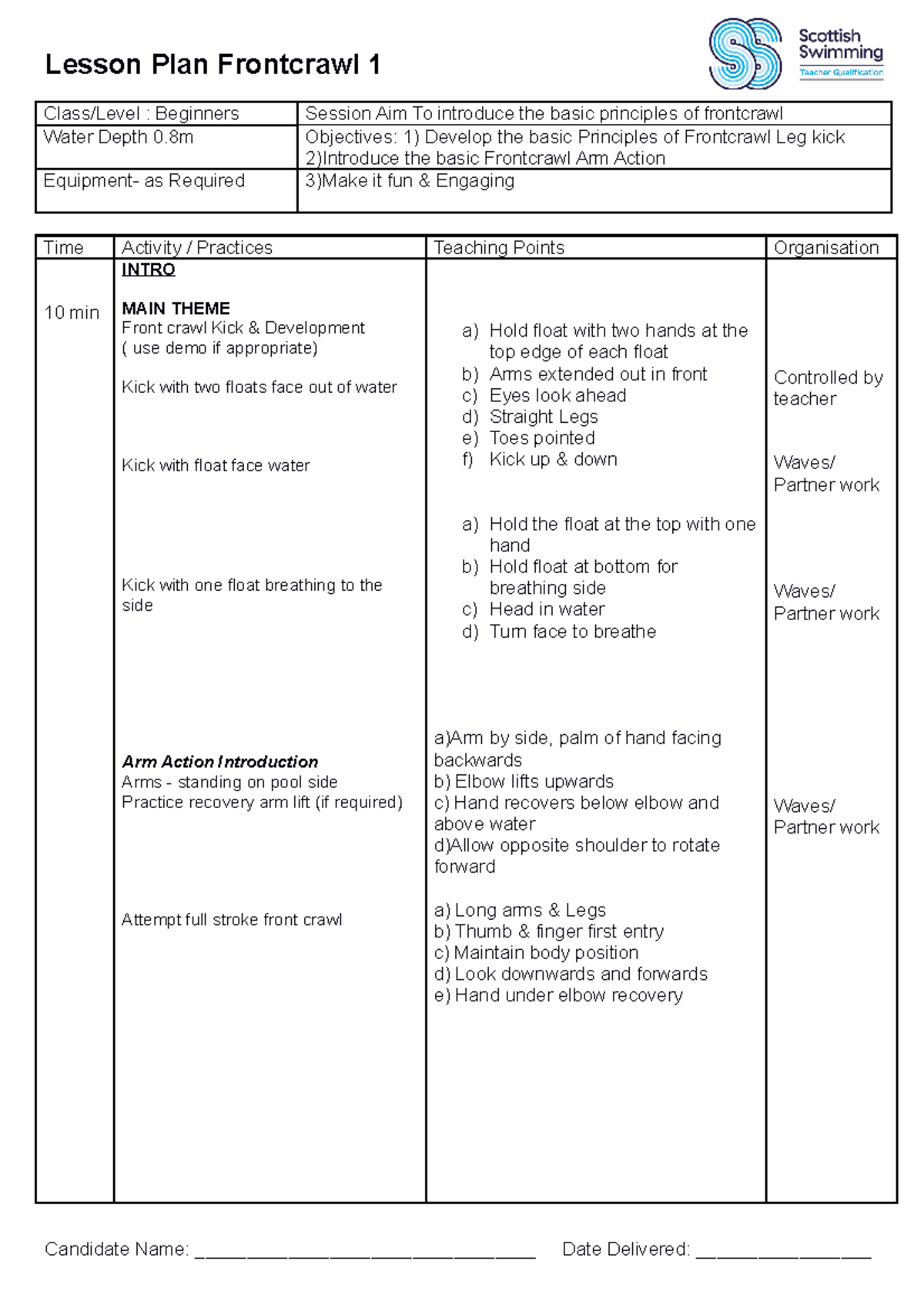 Frontcrawl Lesson Plan 1 - Lesson Plan Frontcrawl 1 Class/Level ...