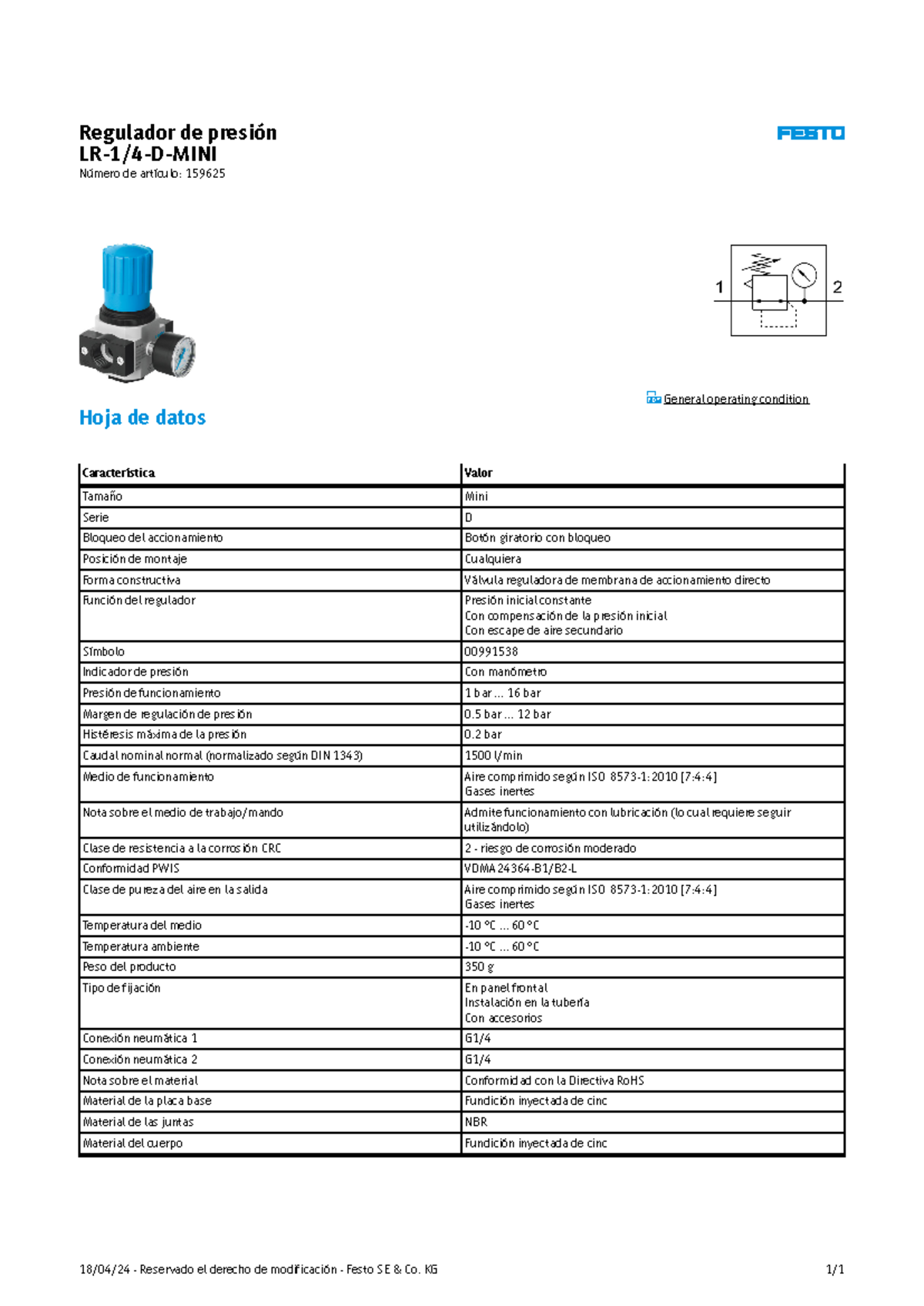 159625 datasheet - Regulador de presión LR-1/4-D-MINI Número de ...