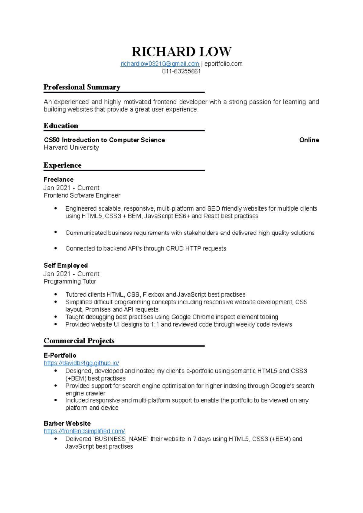 Resume - RICHARD LOW richardlow03210@gmail | eportfolio 011 ...