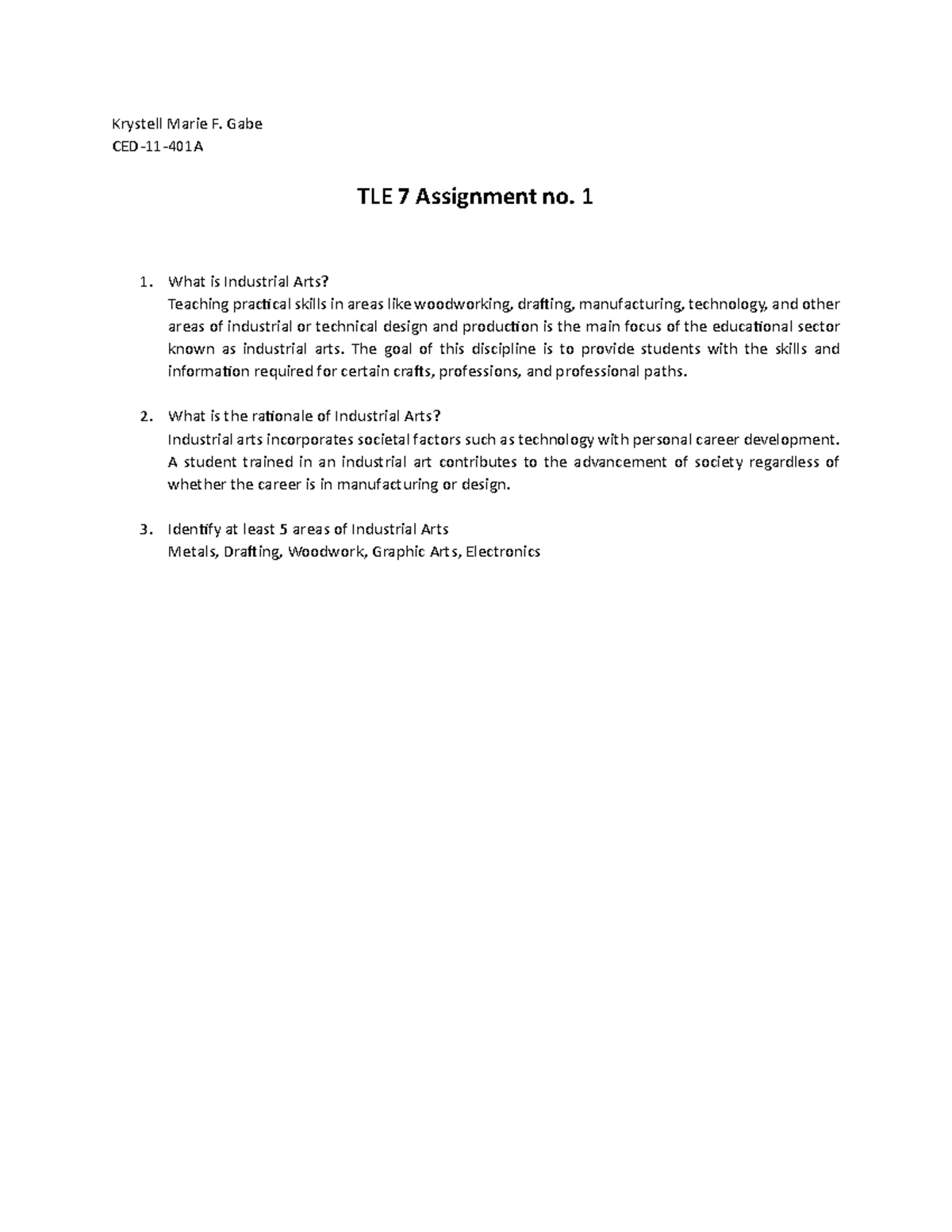 TLE 7 Assignment no. 1 - hhhhh - Krystell Marie F. Gabe CED- 11 - 401A TLE 7 Assignment no. 1 ...