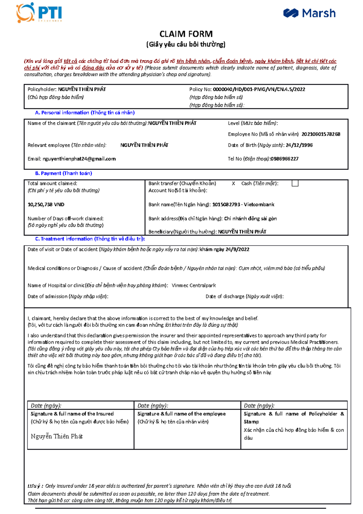 1. Claim Form PTI - Marsh 24 - CLAIM FORM (Giấấy yêu cấầu bồầi th ường ...