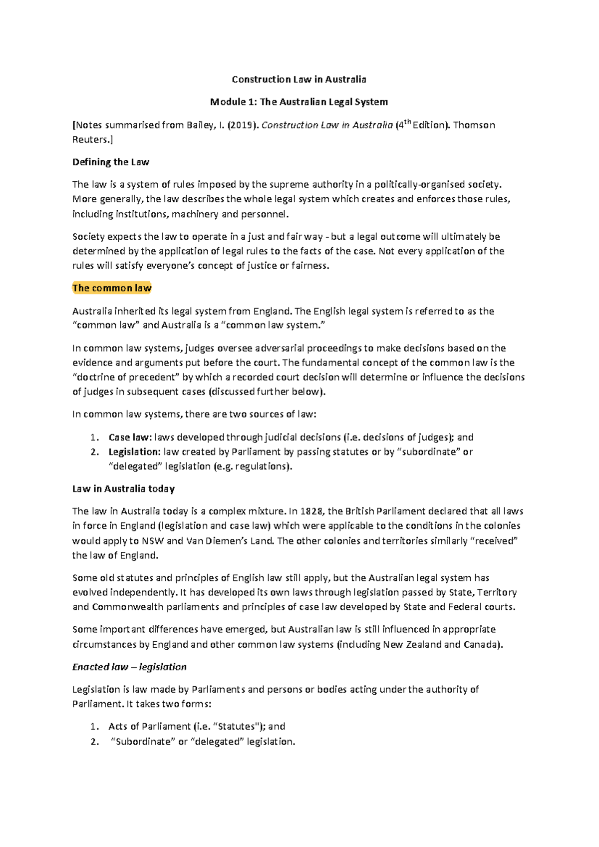 ARBE1301 2023 Module 1 - Summary of Construction Law in Australia ...