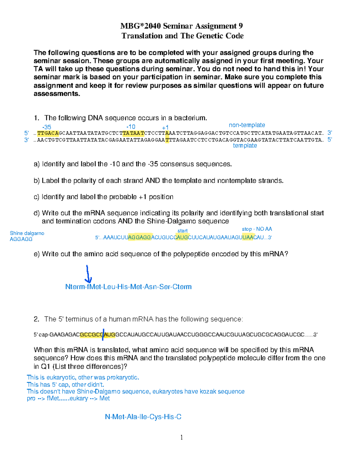MBG 2040 Seminar 9 - Translation and The Genetic Code The following ...