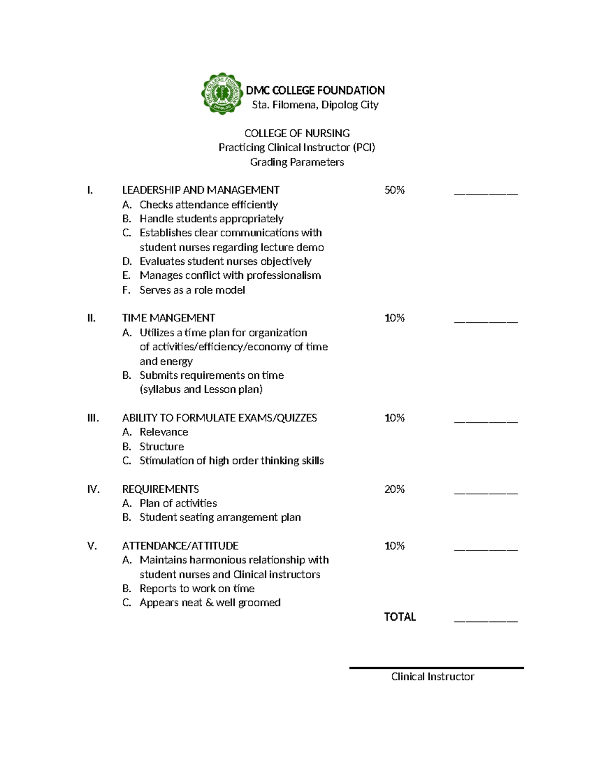 PCI Lecture DEMO Grading Sheet - DMC COLLEGE FOUNDATION Sta. Filomena ...