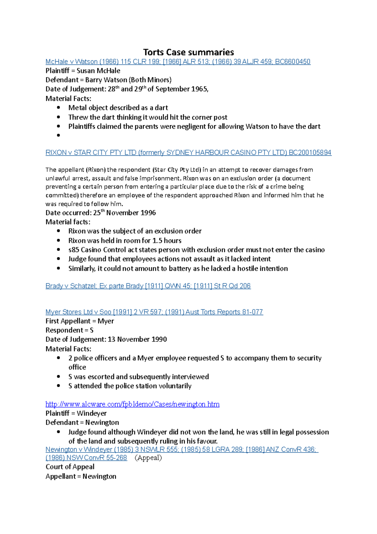 Torts Case summaries - LLB102 - QUT - Studocu