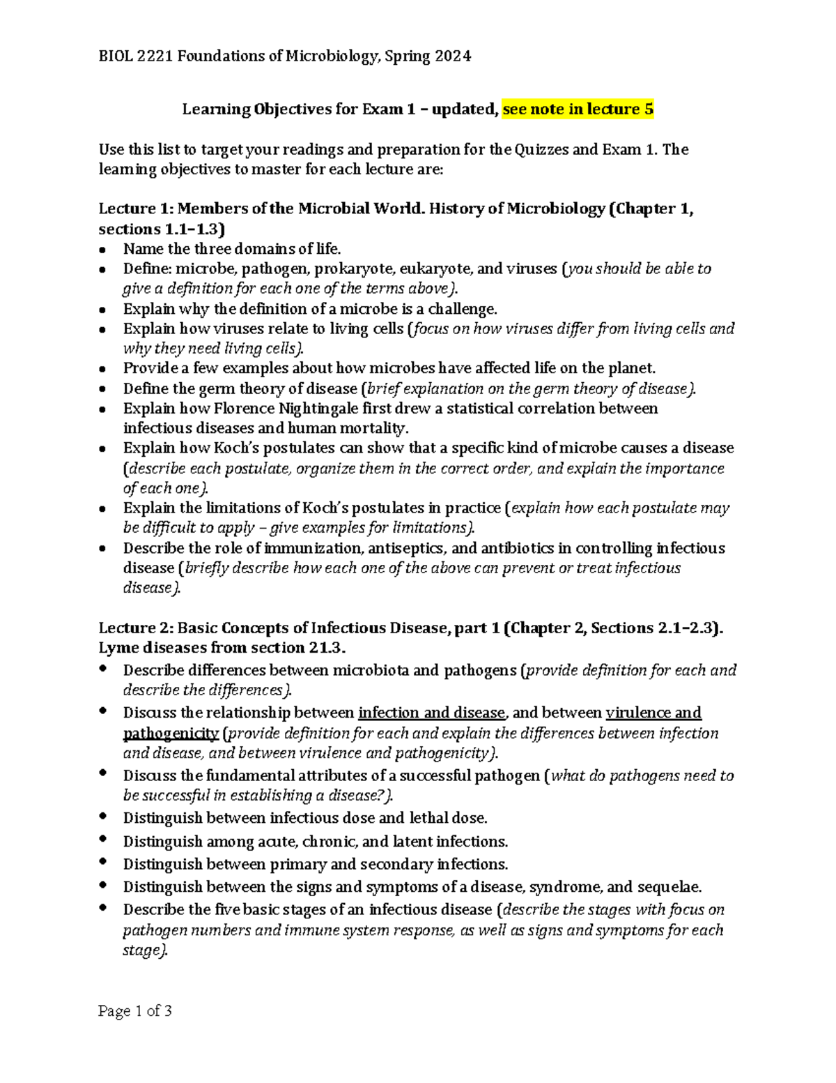 Learning objectives Exam 1 Sp2024 updated - BIOL 2221 Foundations of ...