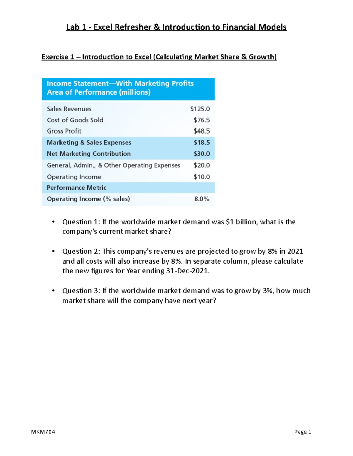 Lab 1 - Intro to excel and financial model - Lab 1 - Excel Refresher & Introduction to Financial ...