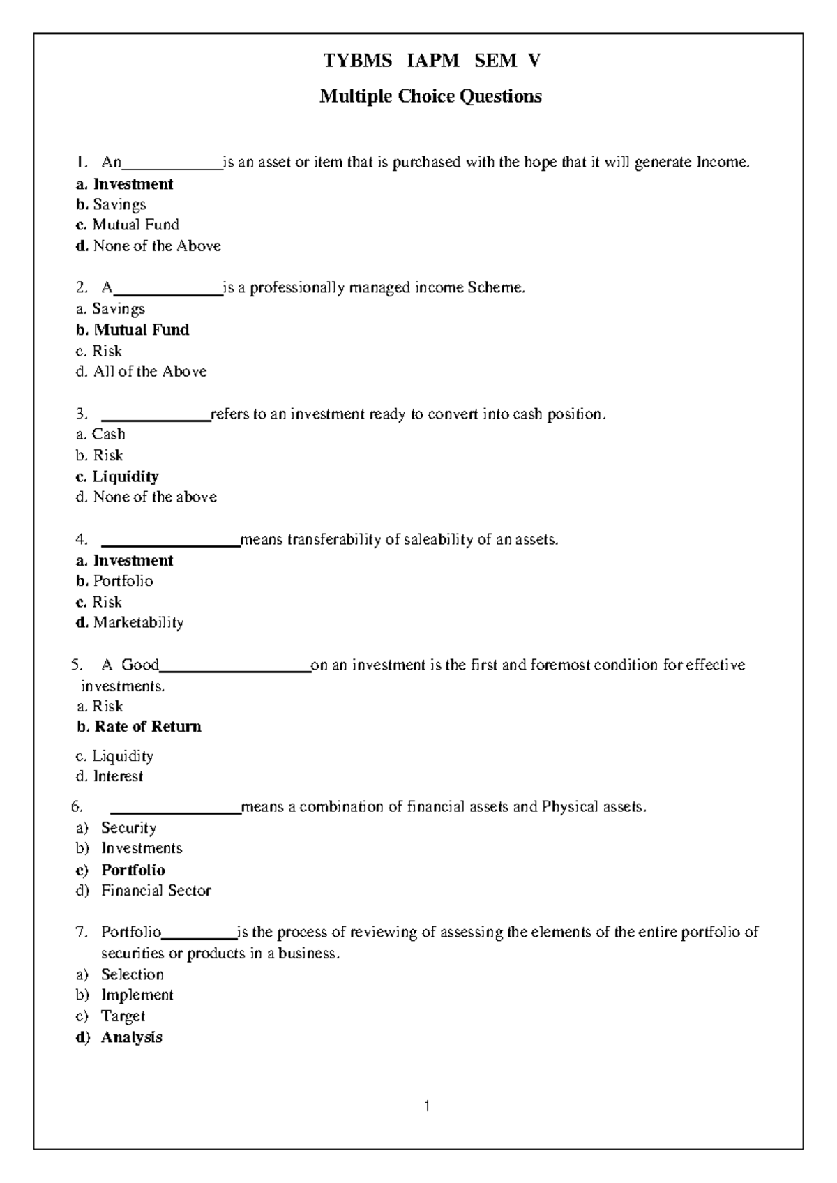 Part 1 study material iapm-2 - TYBMS IAPM SEM V Multiple Choice Questions An is an asset or item ...