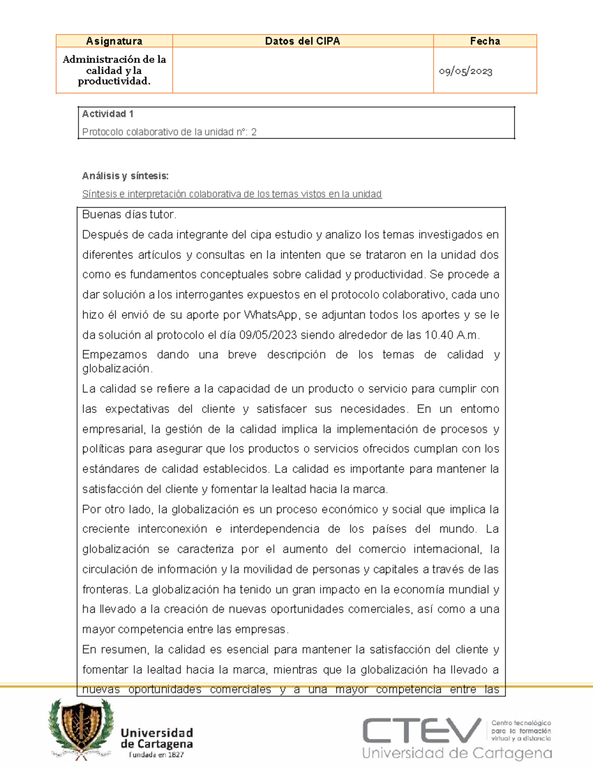 Proto colabo adm de la calid y produc uni 2 1 - Administración de la calidad y la productividad ...
