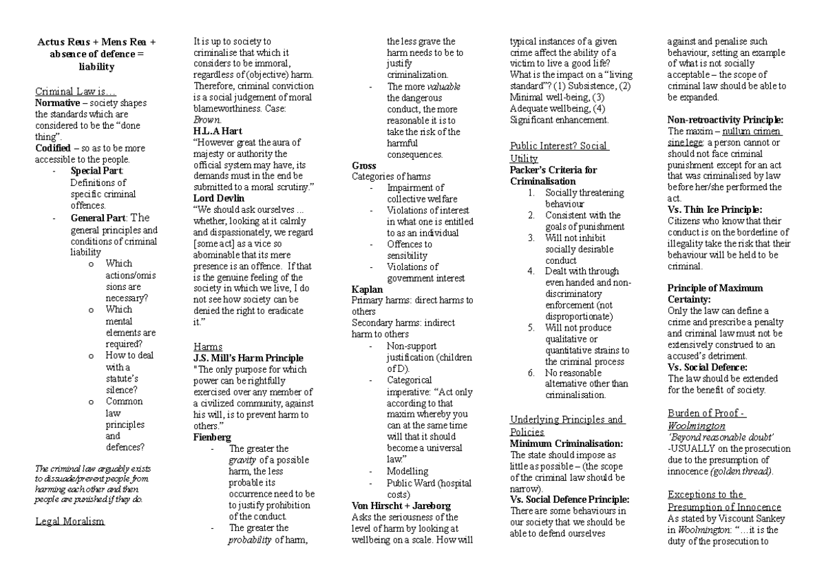 Crimes Cheat Sheet Terms Test - Actus Reus + Mens Rea + absence of ...