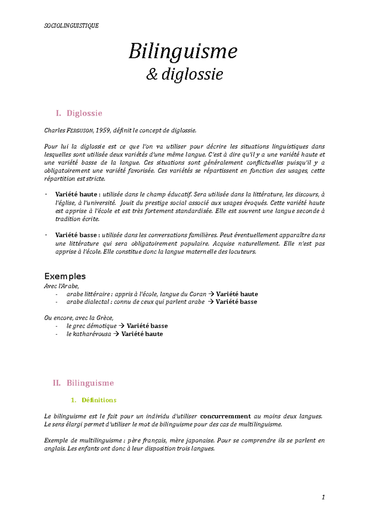 Thème 4 - Bilinguisme et diglossie - SOCIOLINGUISTIQUE Bilinguisme ...