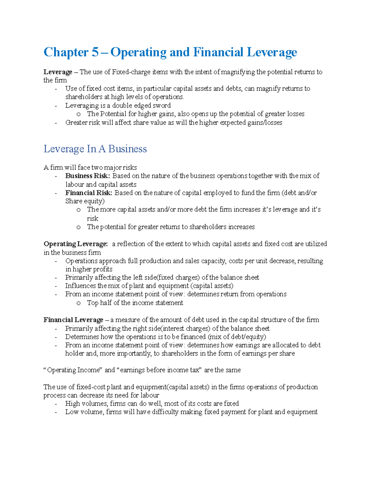 Chapter 5 - Chapter 5 – Operating and Financial Leverage Leverage – The ...